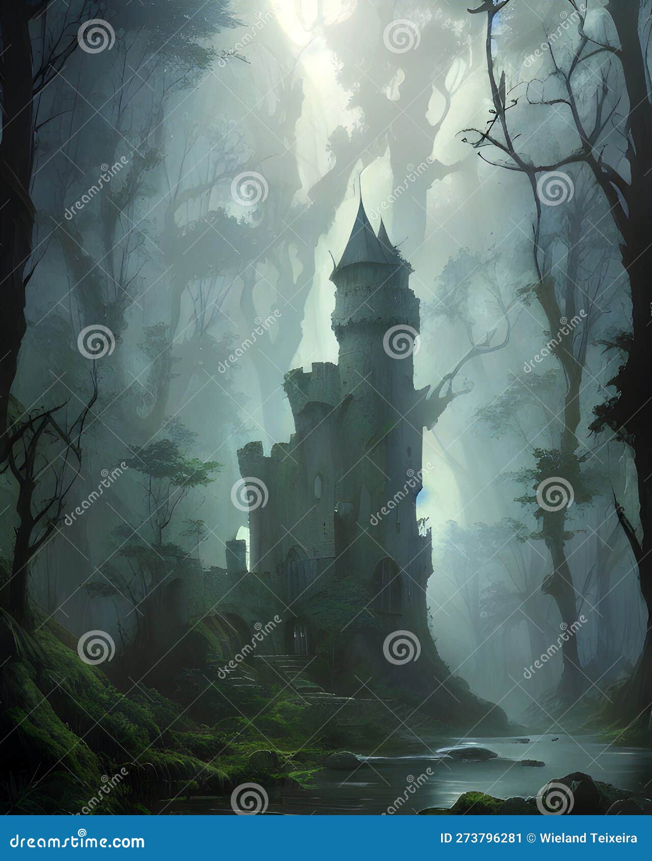 Spooky castle with tower stock illustration. Illustration of mist ...