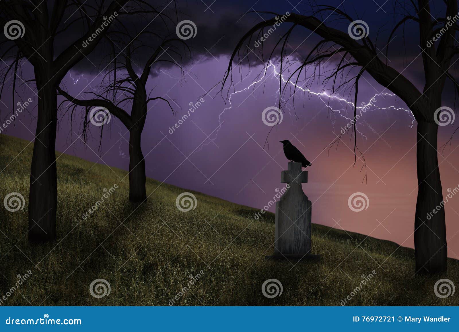 Spooky Crow on a Headstone in a Graveyard Stock Illustration ...