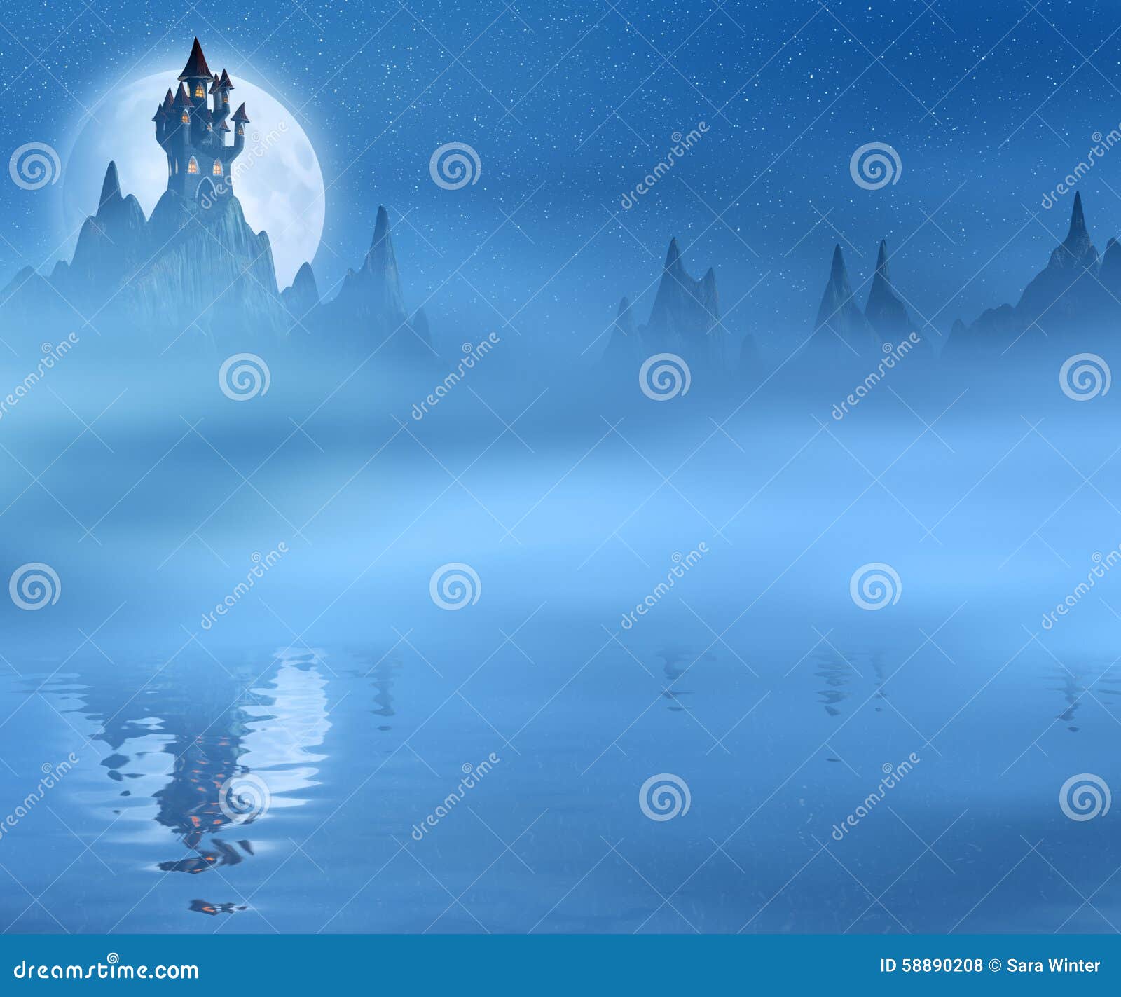 Spooky and Dark Castle and the Moon Reflected in Water Stock ...