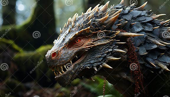 Spooky Dragon Lizard with Sharp Teeth in Tropical Rainforest Generated ...