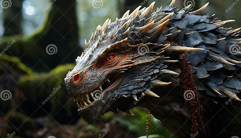 Spooky Dragon Lizard with Sharp Teeth in Tropical Rainforest Generated ...