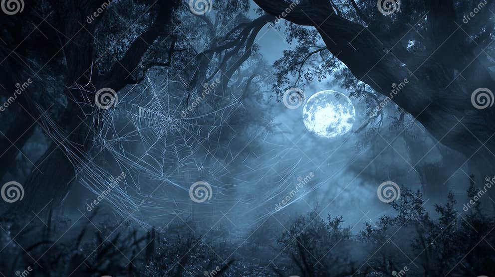 A Spooky Forest with a Large Spiderweb and a Full Moon Stock ...
