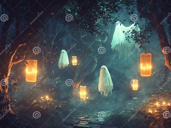 Spooky Forest Path with Floating Ghosts and Candles Stock Illustration ...