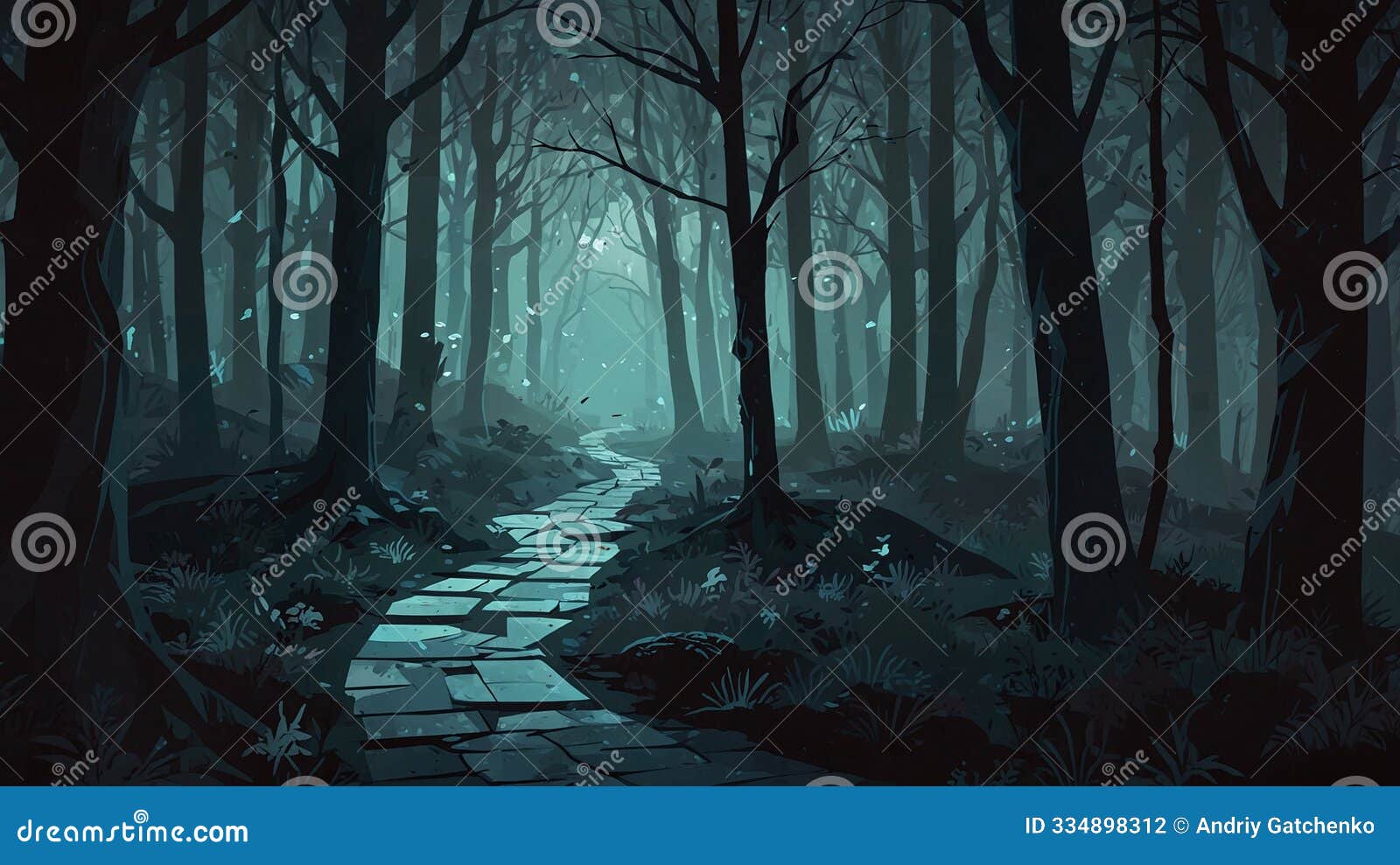 Spooky Forest Path in the Moonlight with Dark Trees and an Eerie ...