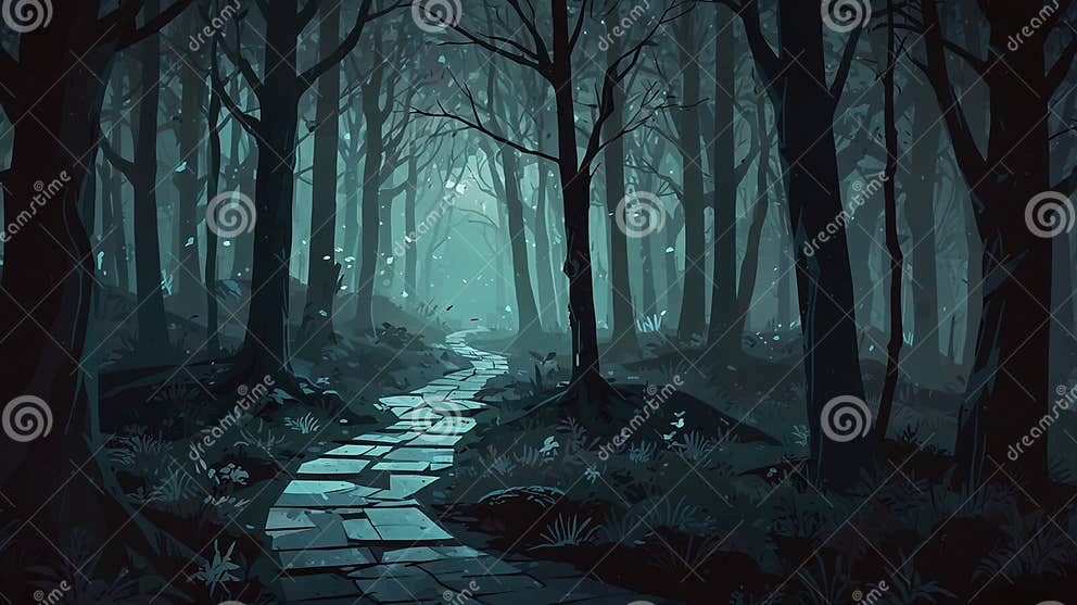 Spooky Forest Path in the Moonlight with Dark Trees and an Eerie ...