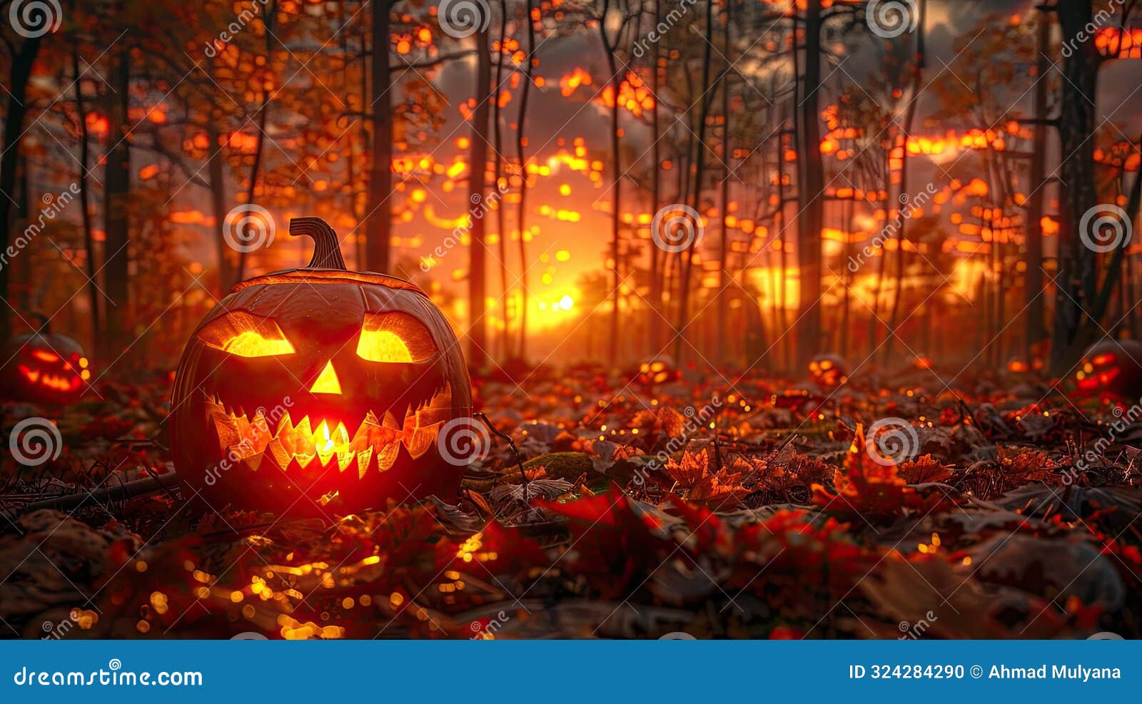 A Spooky Forest Sunset with a Haunted Evil Glowing Eyes Stock ...