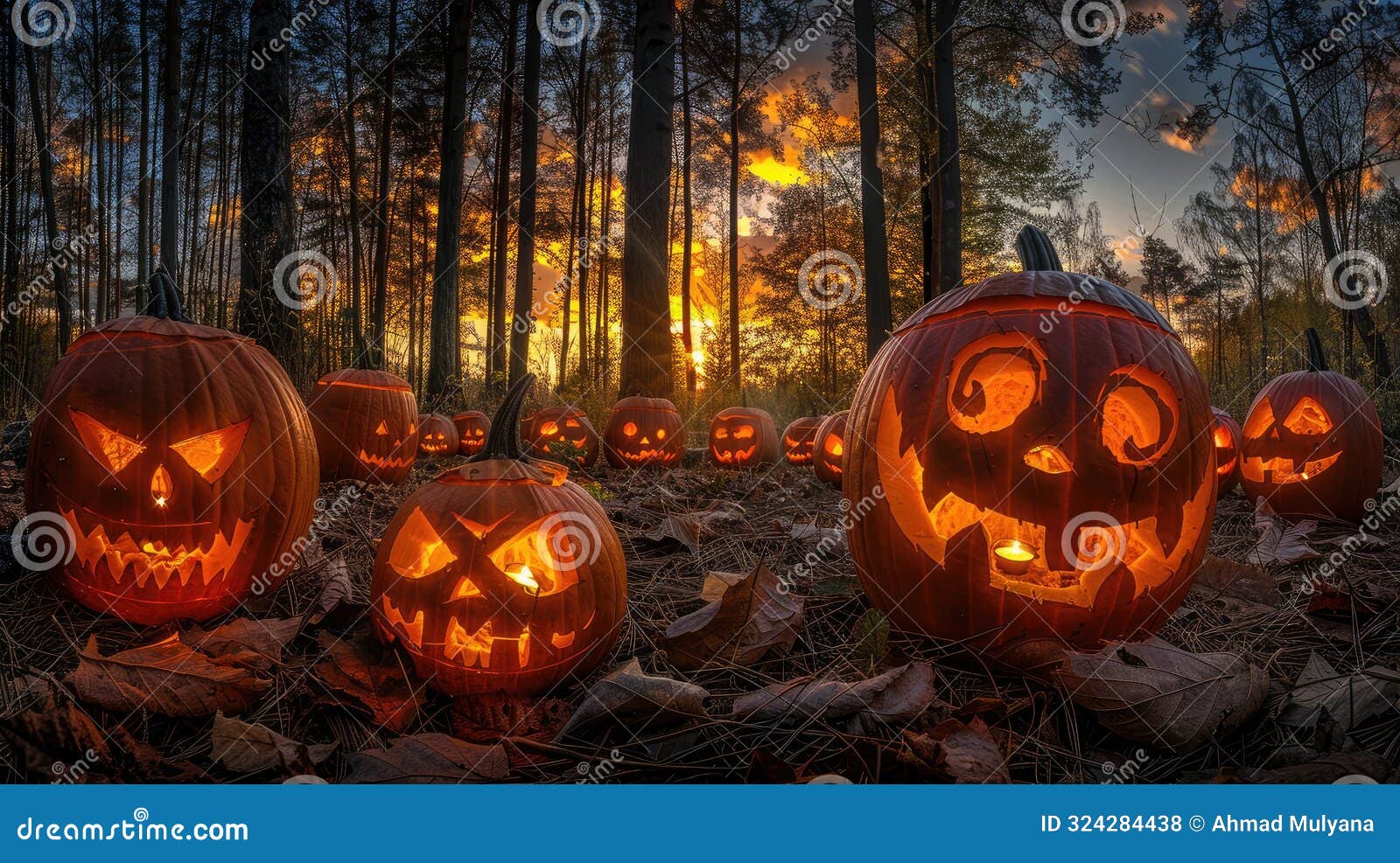 A Spooky Forest Sunset with a Haunted Evil Glowing Eyes Stock ...