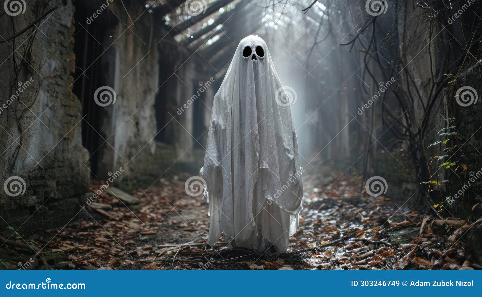 Spooky Ghost Costume in a Haunted Forest Setting Stock Illustration ...