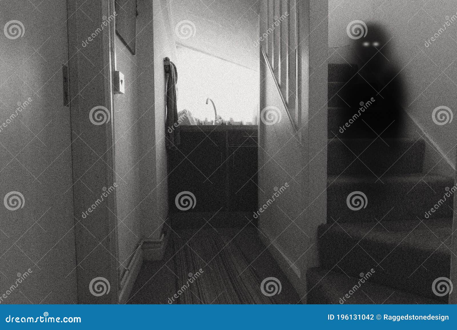 A Spooky Ghost with Glowing Eyes Standing on a Staircase. with a Black ...