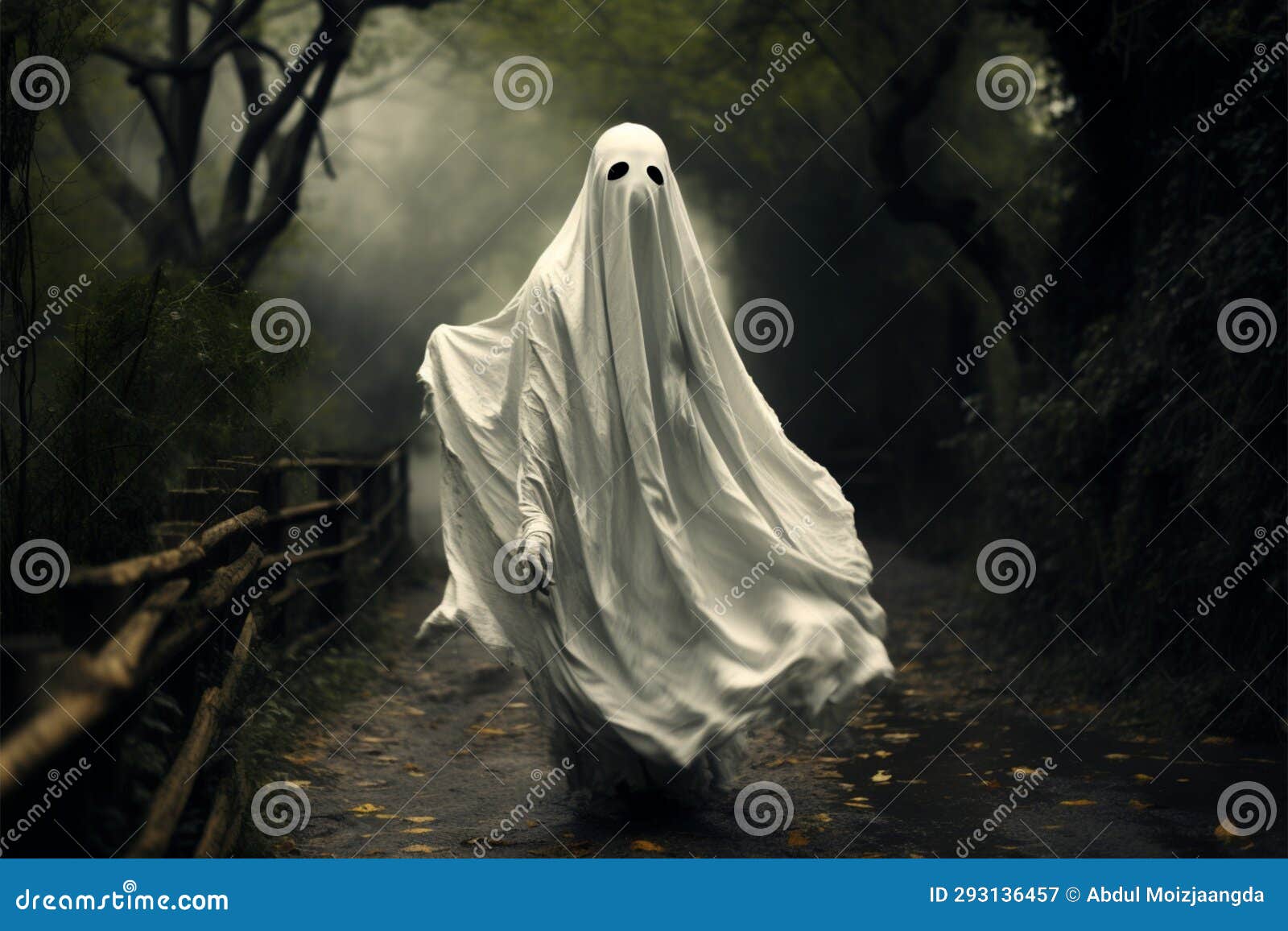 Spooky Ghost Shrouded in White Sheet Haunts a Rustic Trail Stock ...