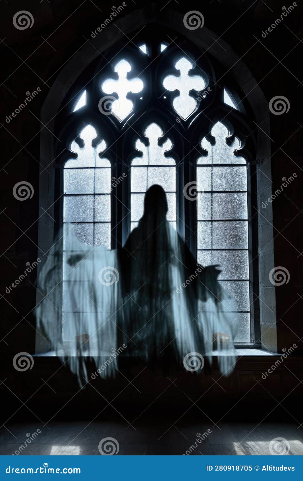 Spooky Ghost Silhouette Floating Near a Castle Window Stock ...