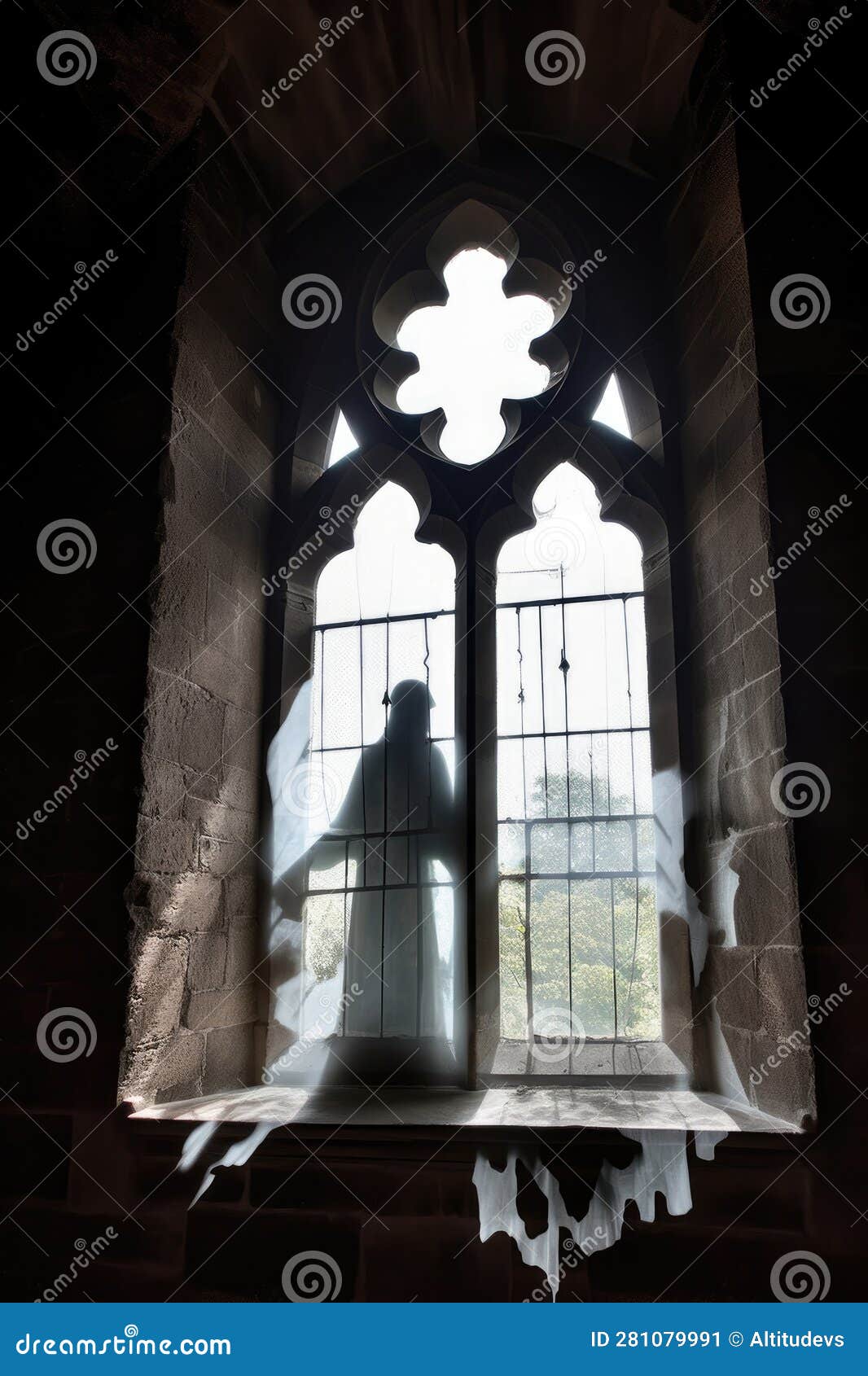 Spooky Ghost Silhouette Floating Near a Castle Window Stock ...