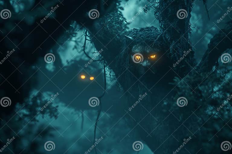 Spooky Glowing Eyes Peering from Dark Tree Branches in the Night, AI ...