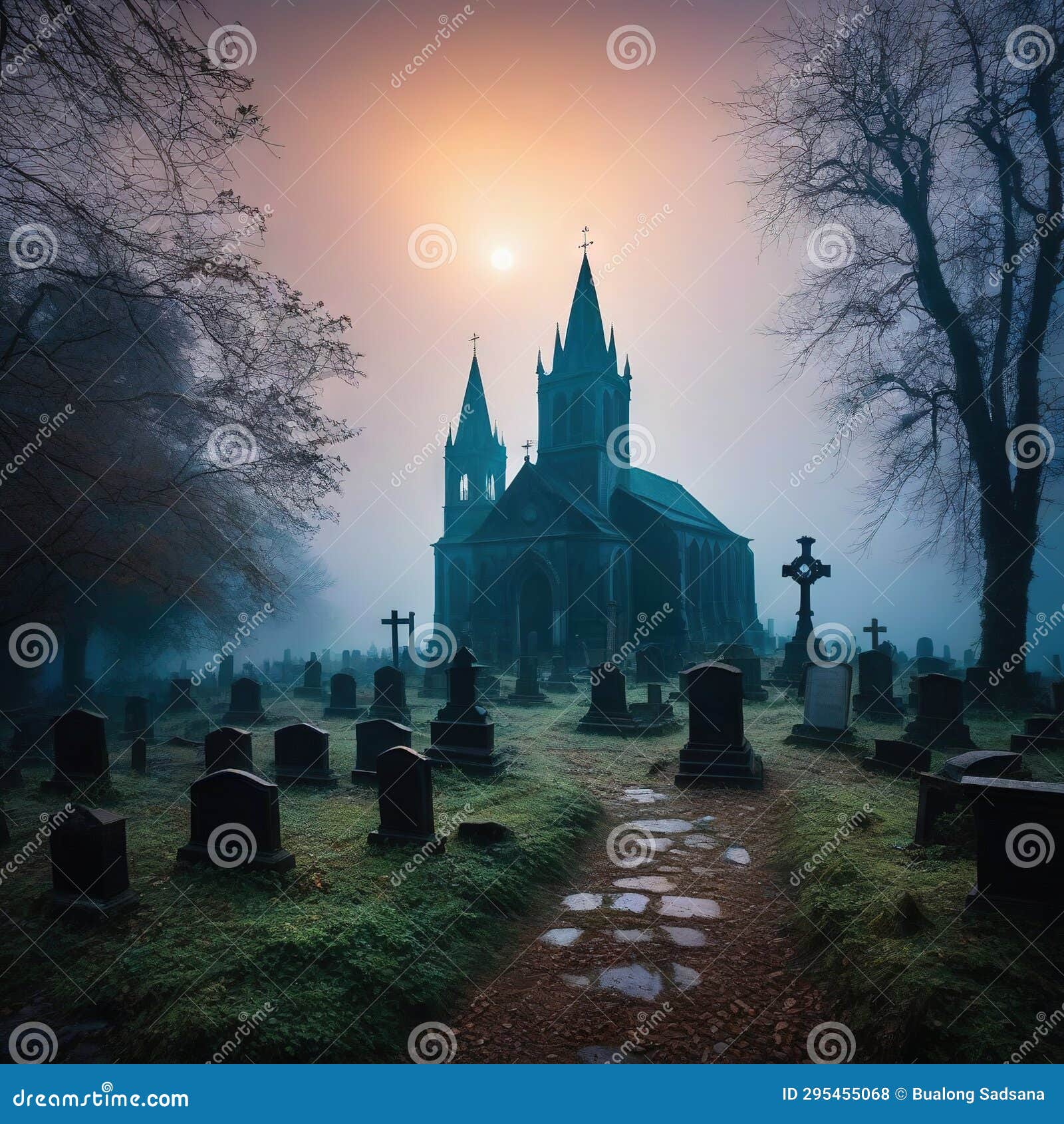 Spooky Graveyard with Misty Atmosphere Stock Illustration ...