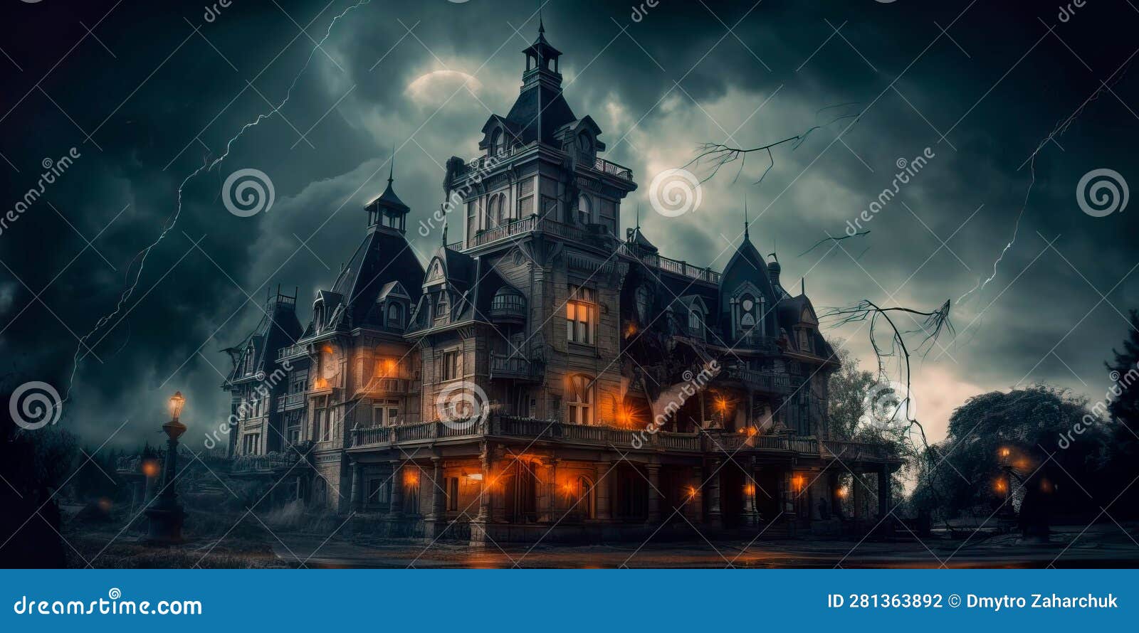 Spooky Halloween Background With A Haunted Castle, Thunderstorm, And ...