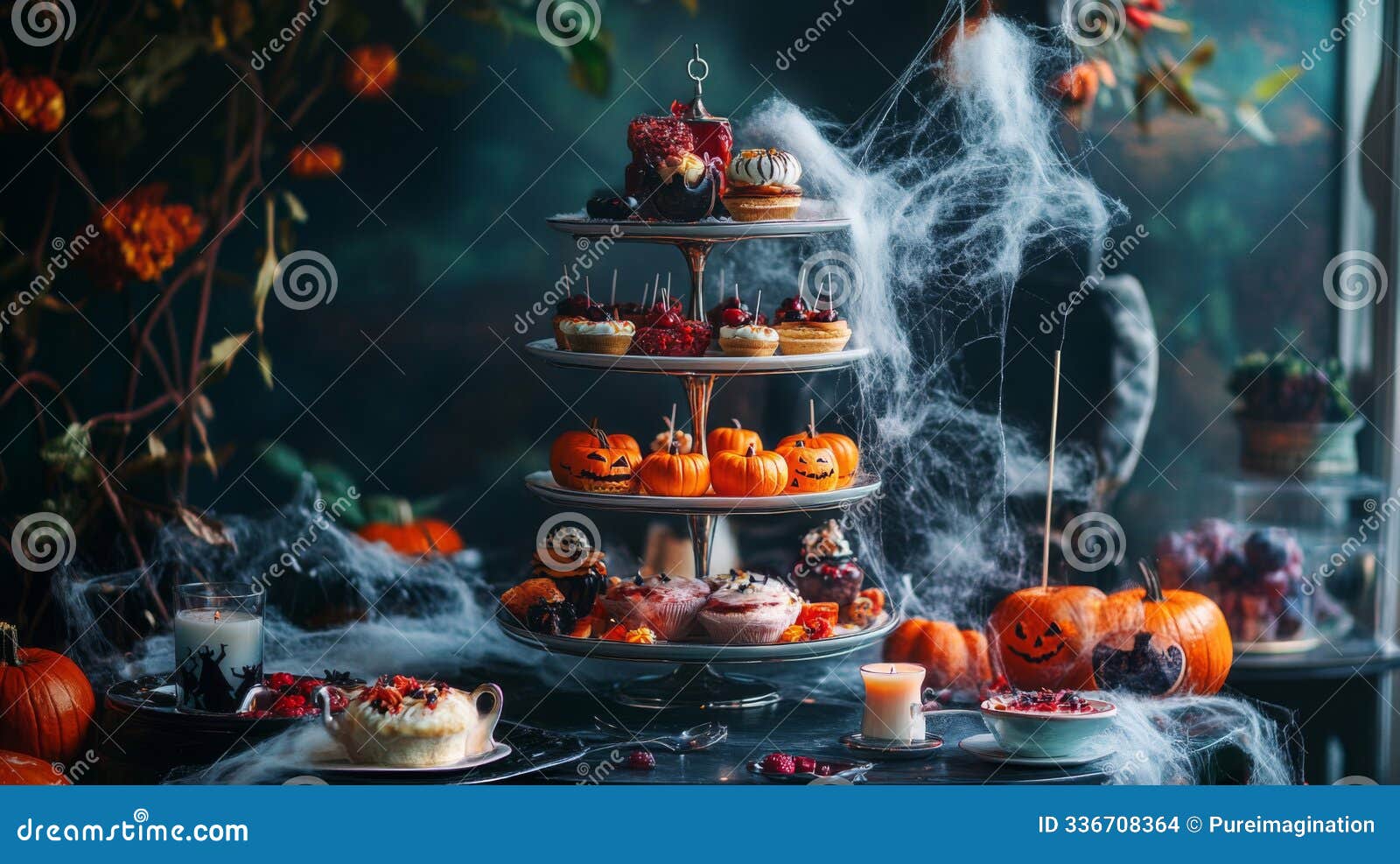 Spooky Halloween Dessert Table with Pumpkins and Spiderwebs Stock ...