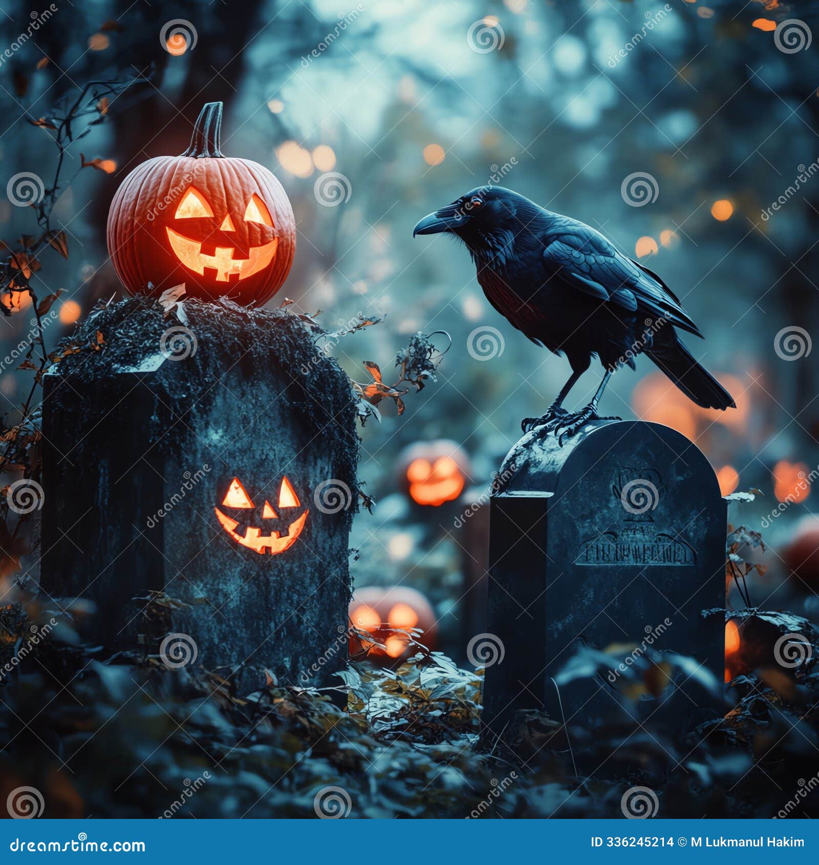 Spooky Halloween Night in the Graveyard with Crows and Full Moon Stock ...