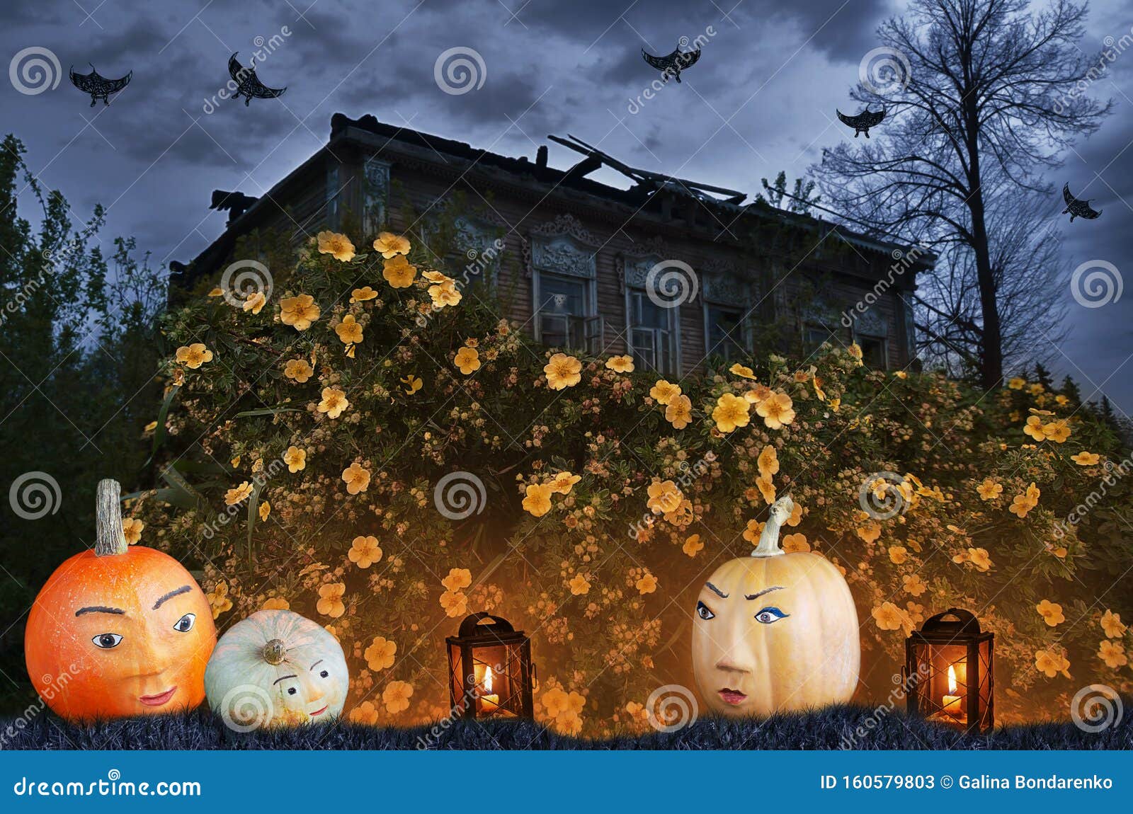 Spooky Halloween Pumpkins in the Grass, Background with House and Ghost ...