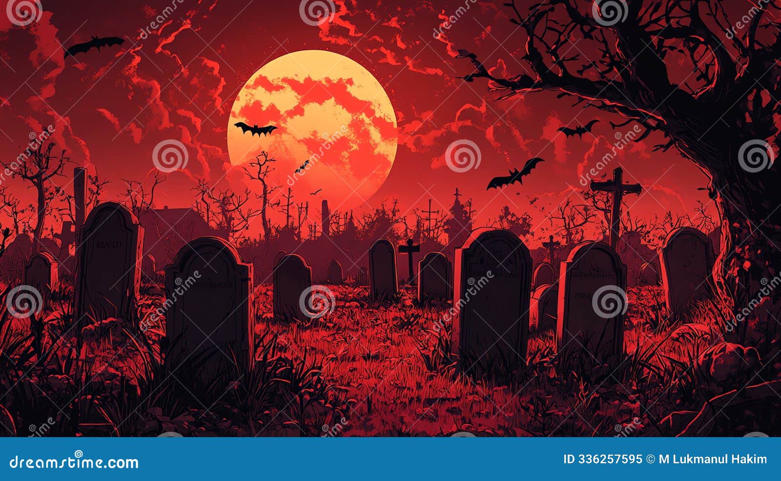 Spooky Halloween Red Sky Night Silhouette Thombstone Stock Image ...