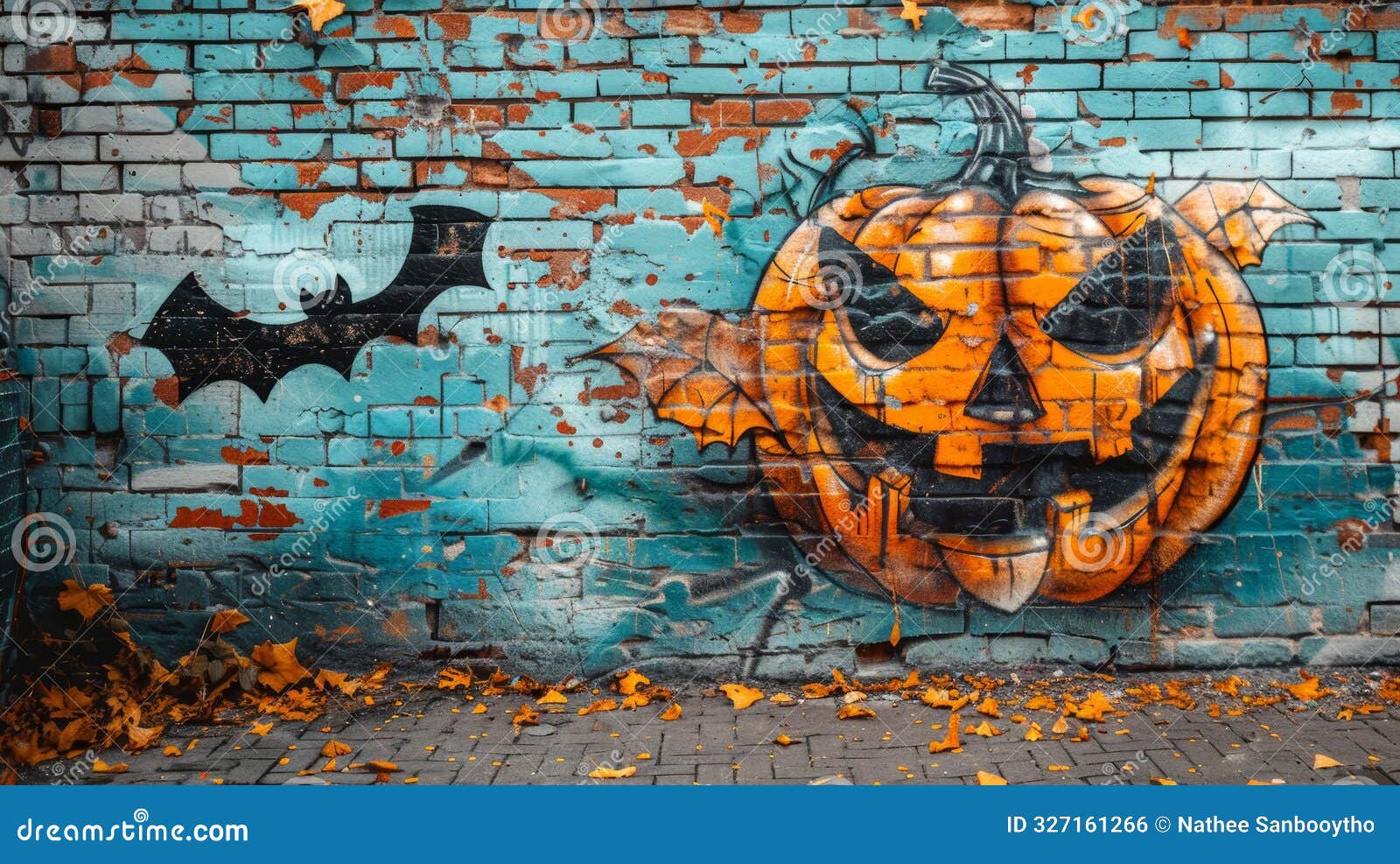 A Spooky Halloween-themed Graffiti Mural on a Brick Wall, Featuring a ...