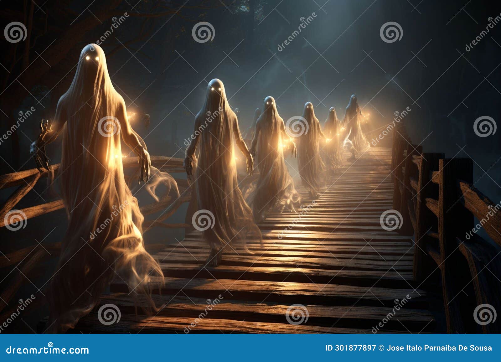 Spooky Haunted Bridge Ghosts Ghostly Figures on Stock Illustration ...