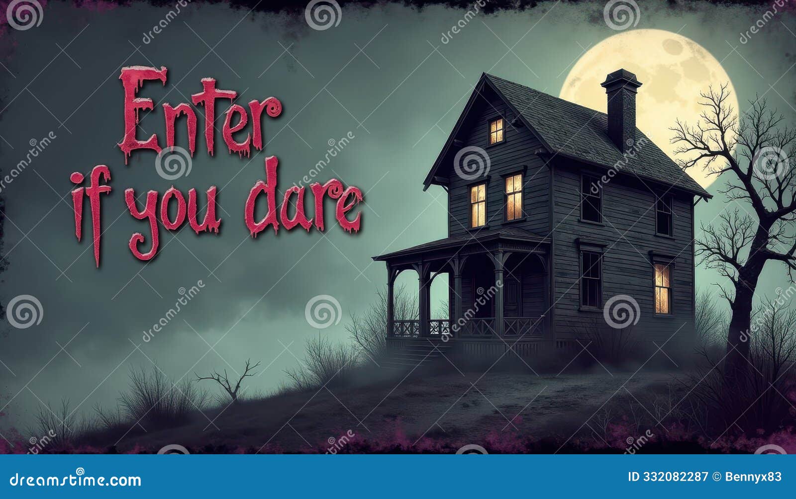 Spooky Haunted House at Night with Glowing Windows and Eerie Atmosphere ...