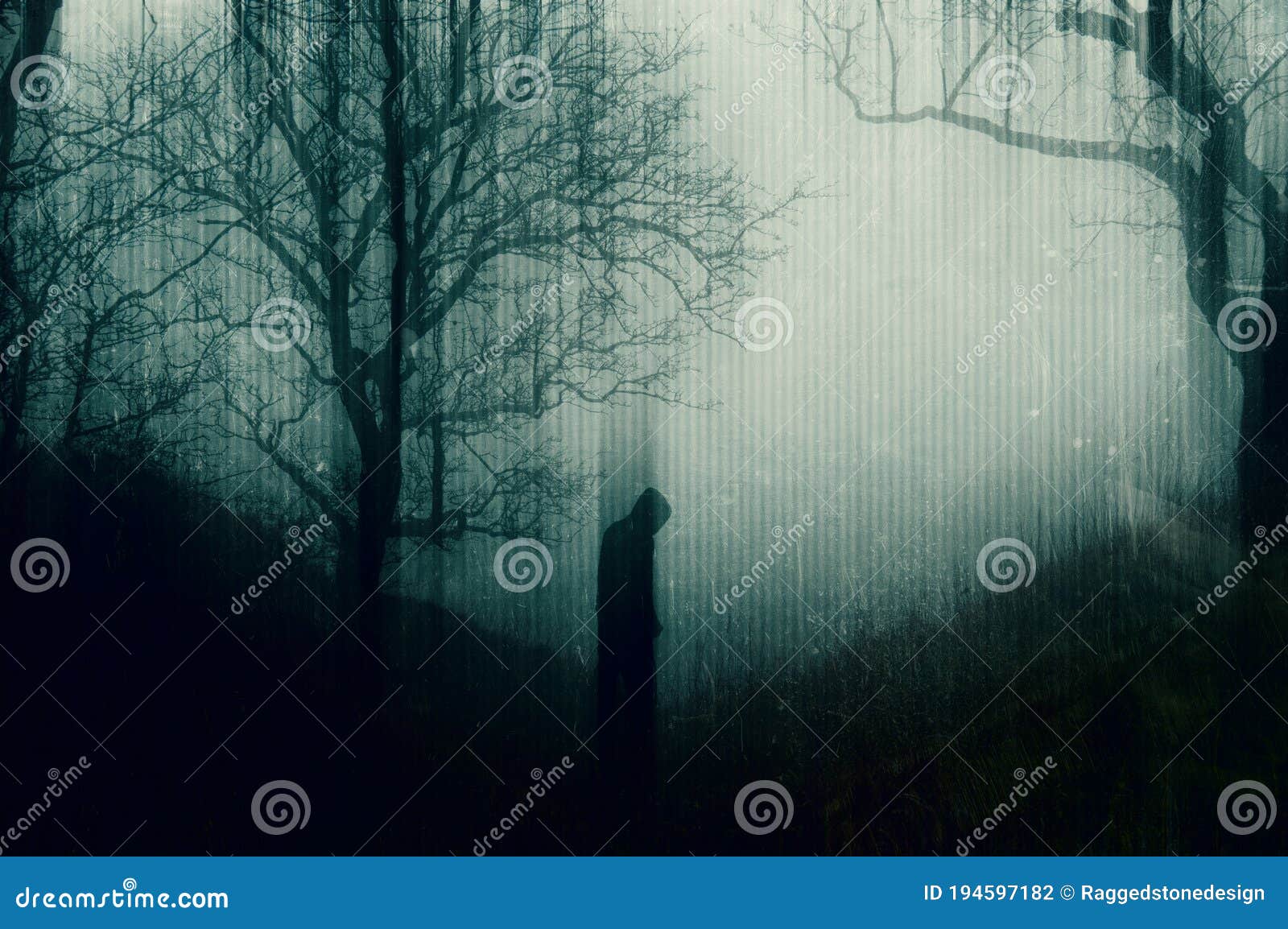 A Spooky Hooded Figure Standing in a Forest. with a Blurred, Glitch ...