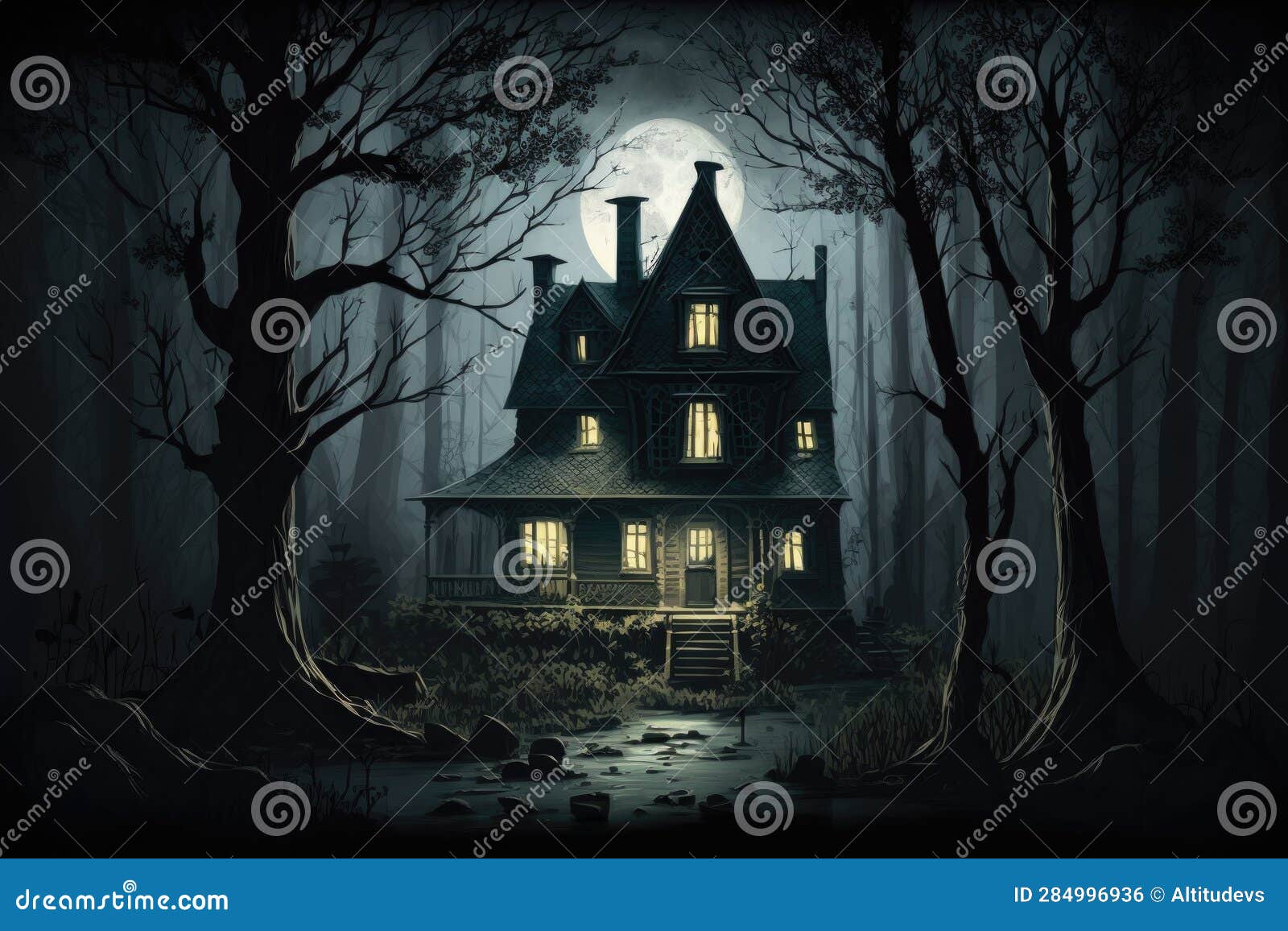 Spooky House, with Flickering Lights and Eerie Shadows, Surrounded by ...