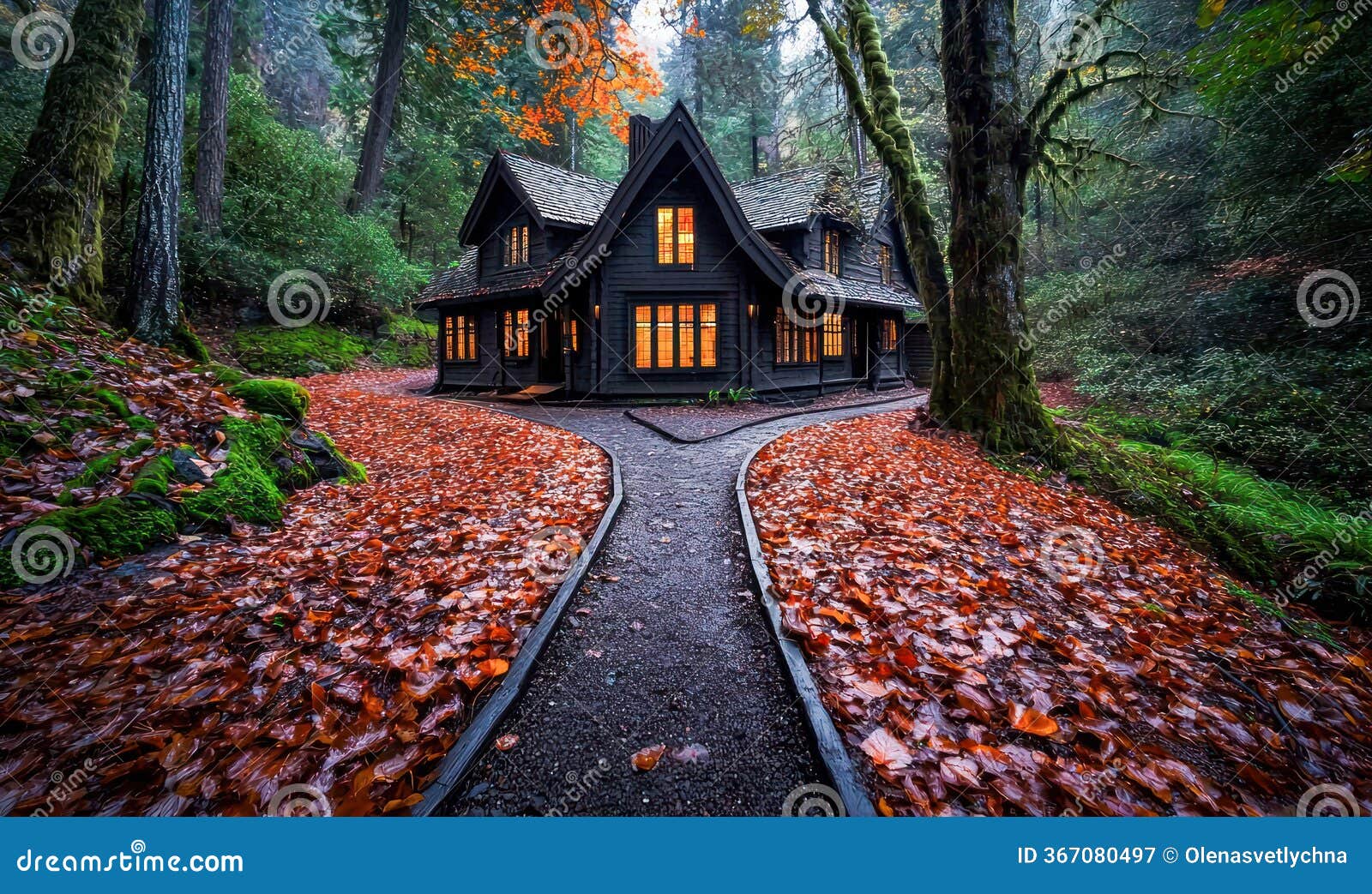 Spooky Pathways With Green Lawns, In The Garden At Night. Top View Of ...