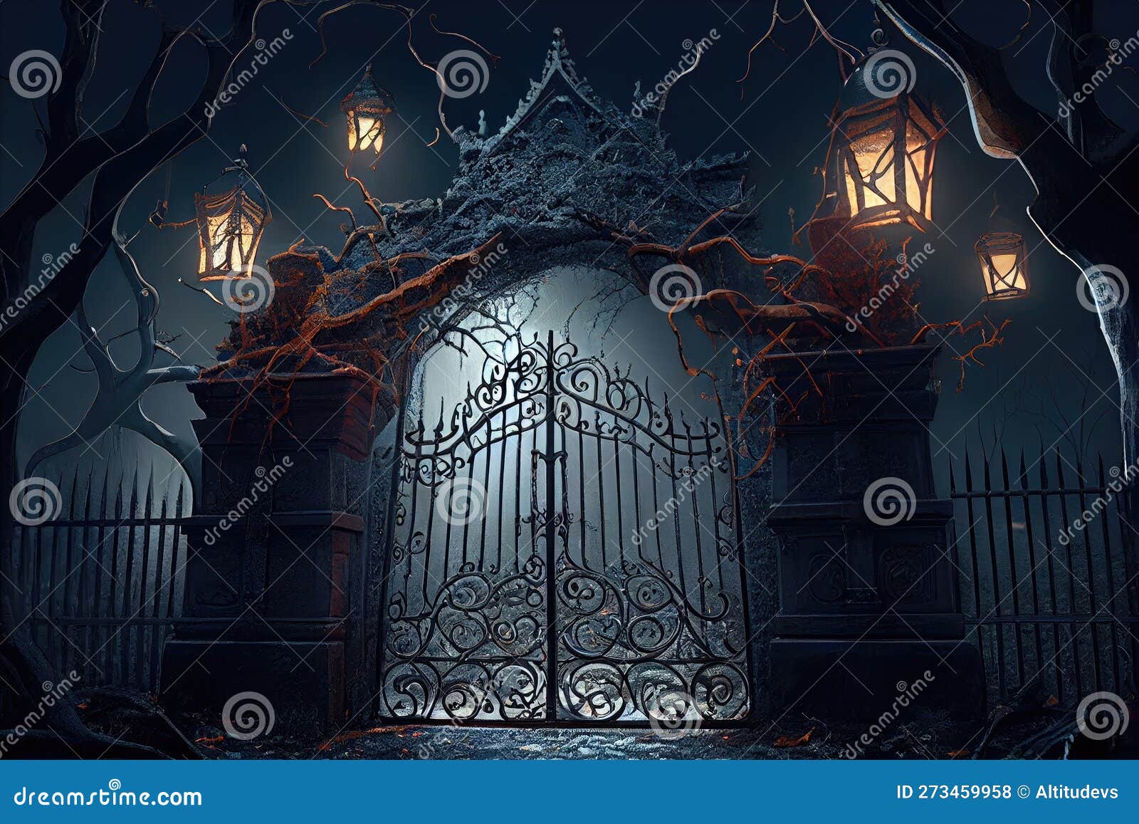 Spooky Iron Gates, Complete with Lantern and Cobweb, Surrounded by ...