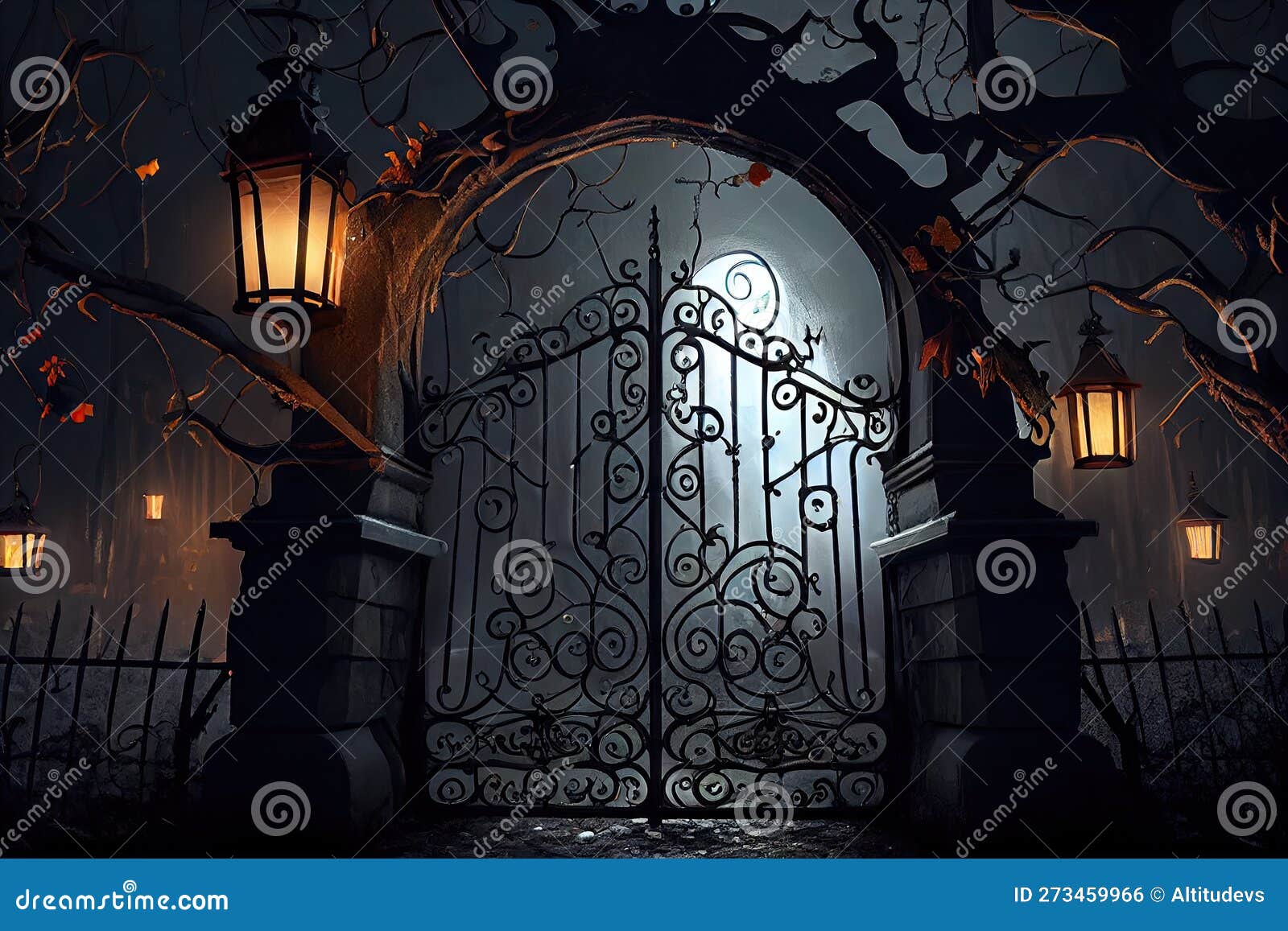 Spooky Iron Gates, Complete with Lantern and Cobweb, Surrounded by ...