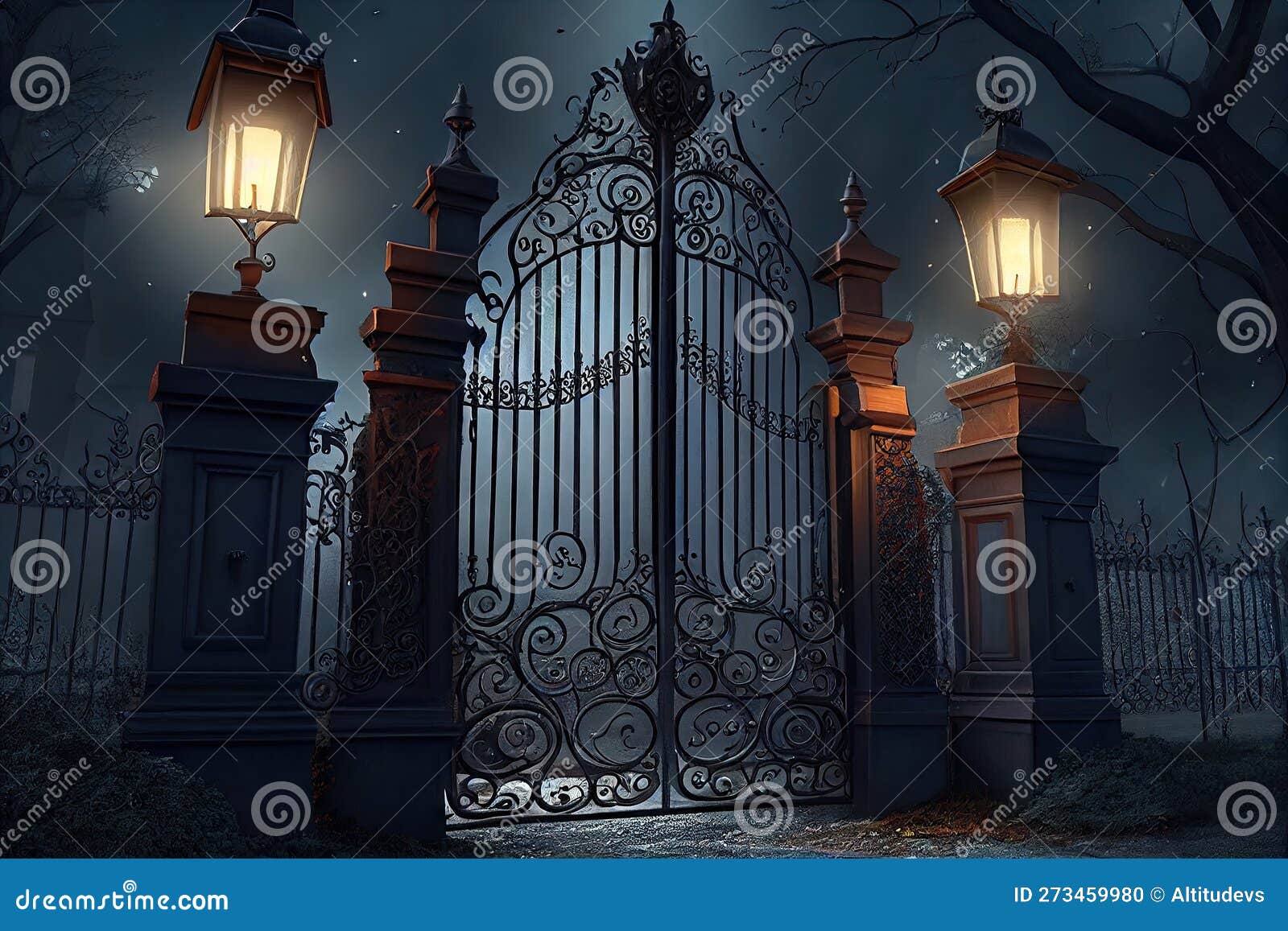 Spooky Iron Gates, Complete with Lantern and Cobweb, Surrounded by ...