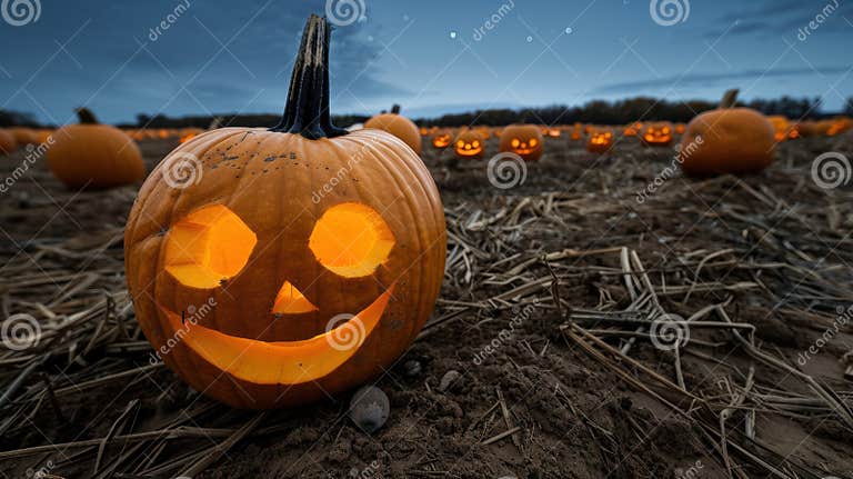 Spooky Jack-o -lantern in a Pumpkin Patch at Night Stock Illustration ...