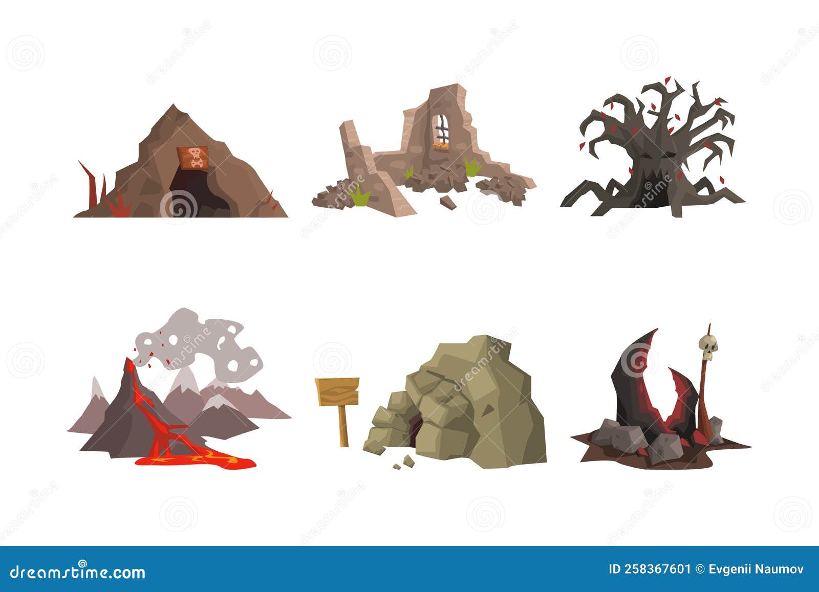 Spooky Landscape Elements with Scary Cave, Volcano with Lava, Dry Bare ...