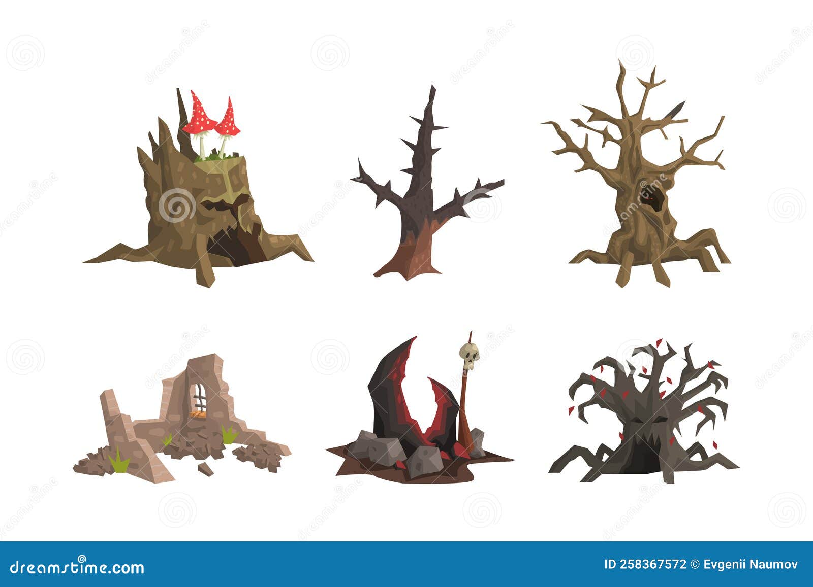 Spooky Landscape Elements with Scary Stump with Mushrooms, Dry Bare ...