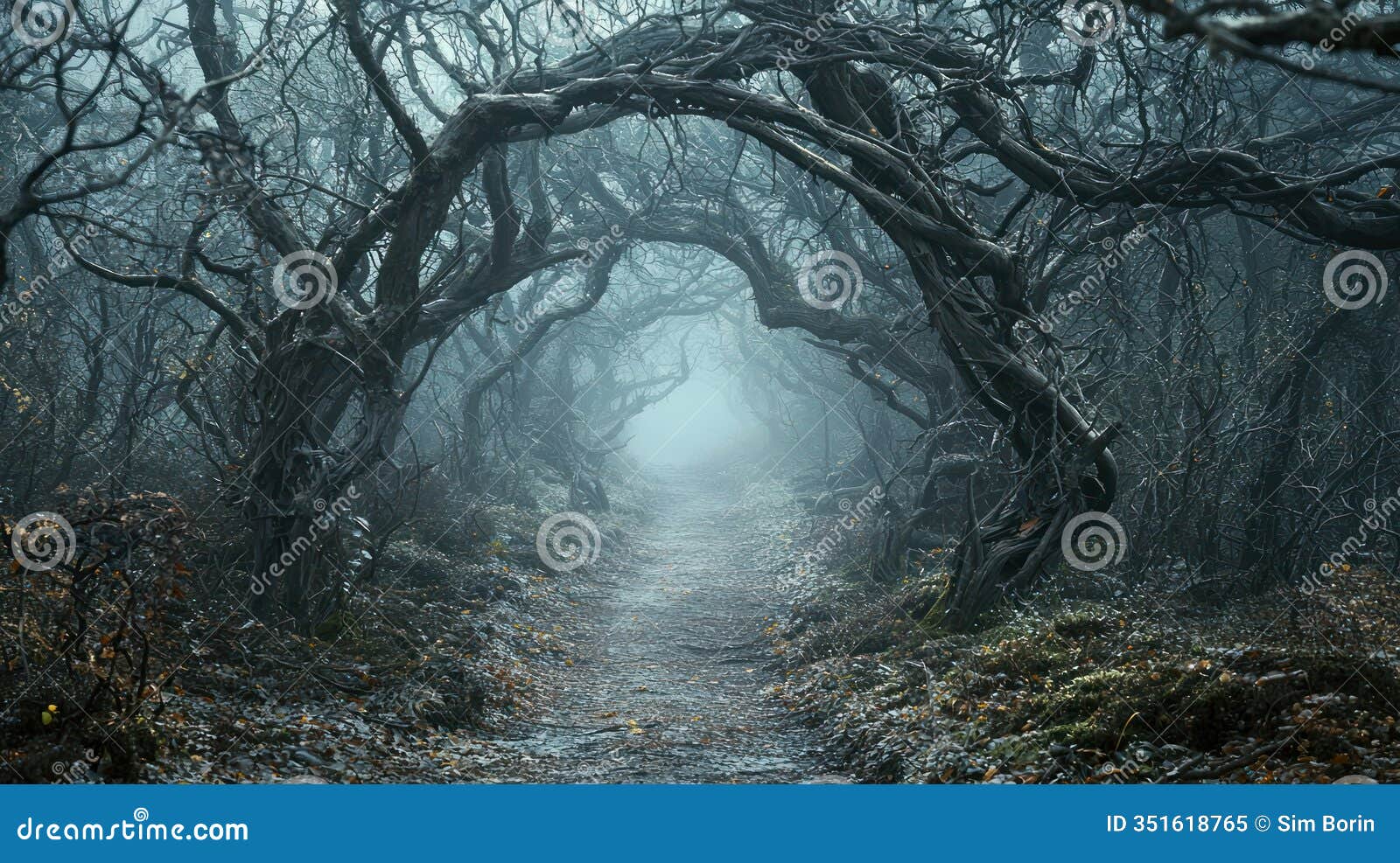 A Spooky, Mist-covered Pathway through a Haunted Forest Stock ...