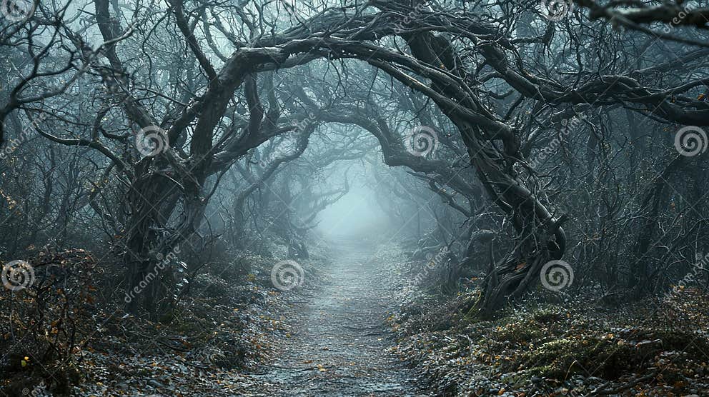 A Spooky, Mist-covered Pathway through a Haunted Forest Stock ...
