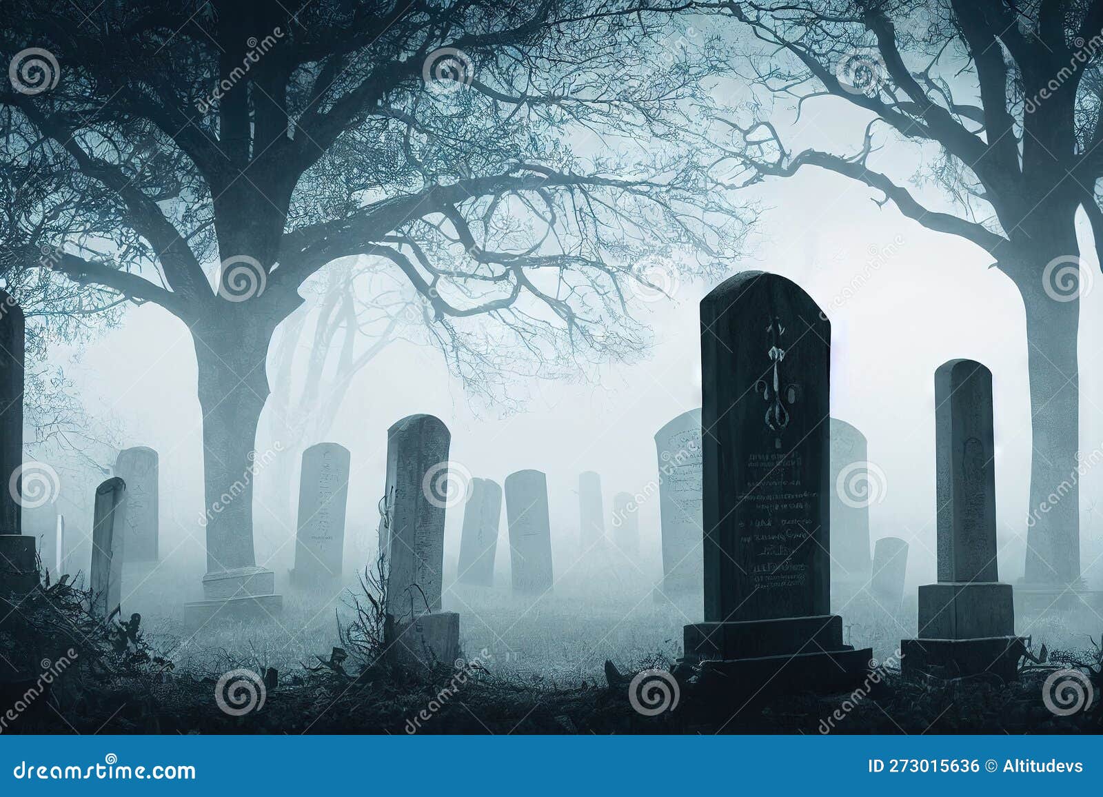 Spooky Old Cemetery with Fog and Trees Stock Illustration ...