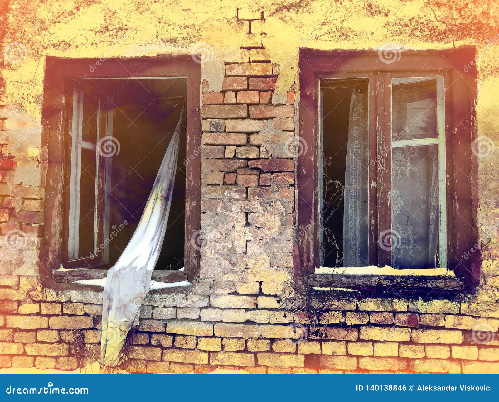 Spooky old ruined windows stock photo. Image of wall - 140138846