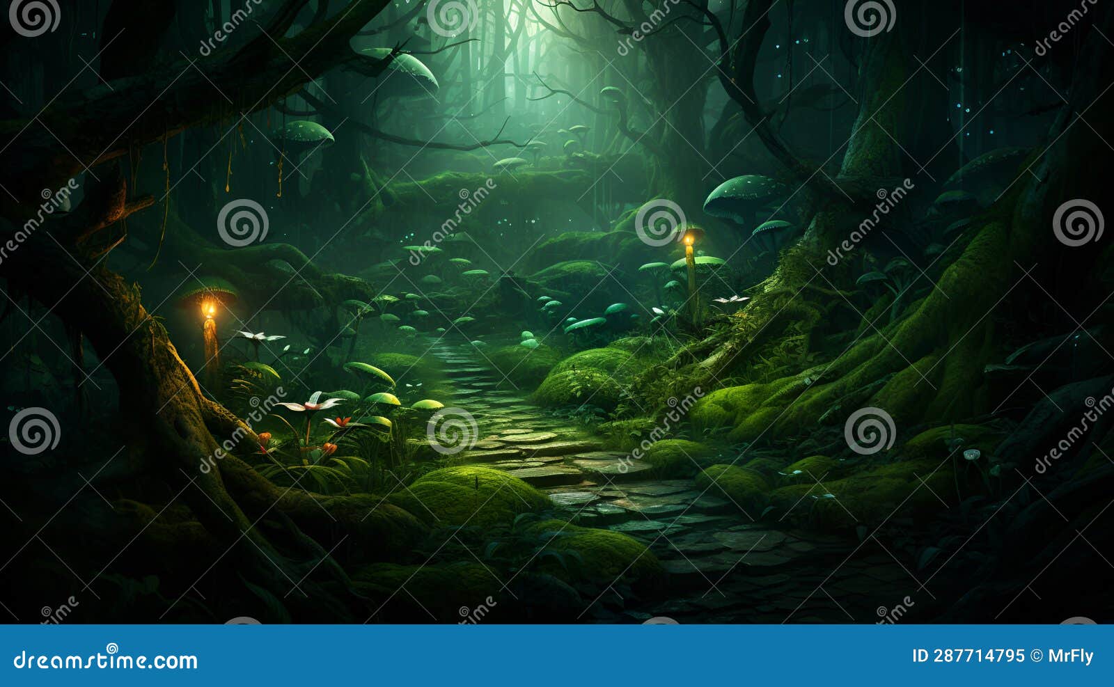 Spooky Path in Mystical Dark Forest Stock Illustration - Illustration ...