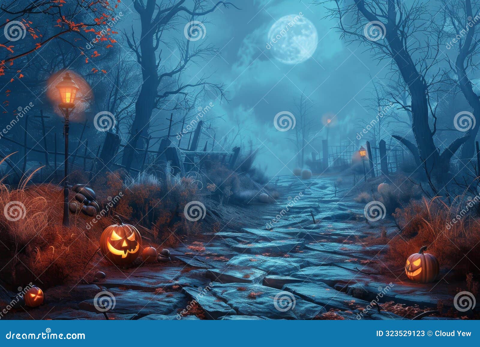 Spooky Pathway Halloween Backdrop Stock Illustration - Illustration of ...
