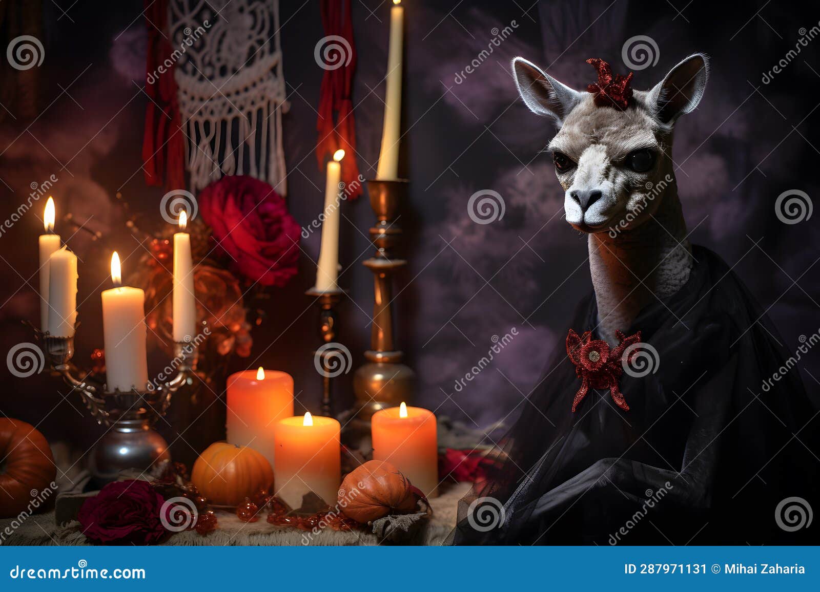 Spooky Portrait of an Alpaca in a Halloween Setup in Studio, Dramatic ...