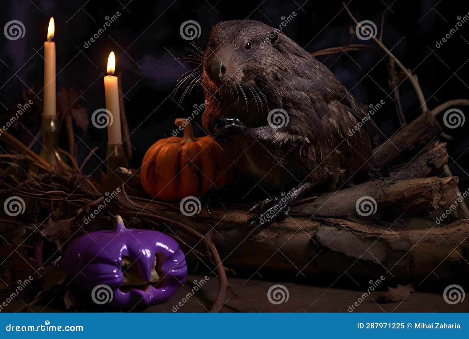 Spooky Portrait of a Beaver in a Halloween Setup in Studio, Dramatic ...
