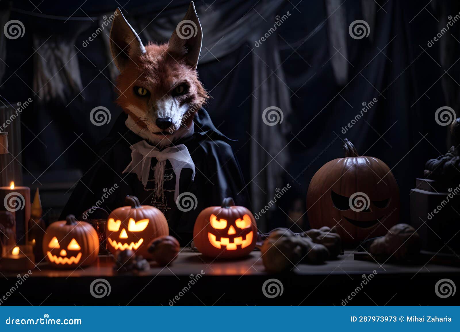 Spooky Portrait of a Fox in a Halloween Setup in Studio, Dramatic ...
