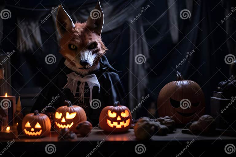 Spooky Portrait of a Fox in a Halloween Setup in Studio, Dramatic ...