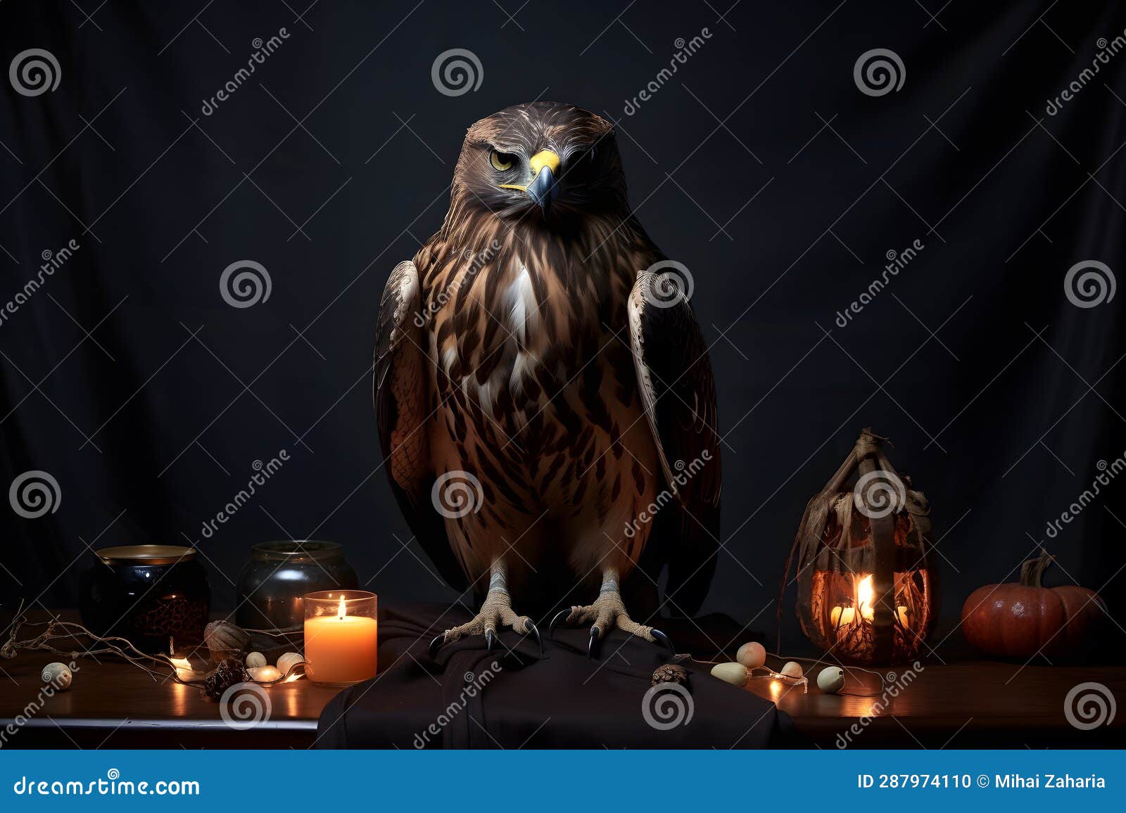 Spooky Portrait of a Hawk in a Halloween Setup in Studio, Dramatic ...