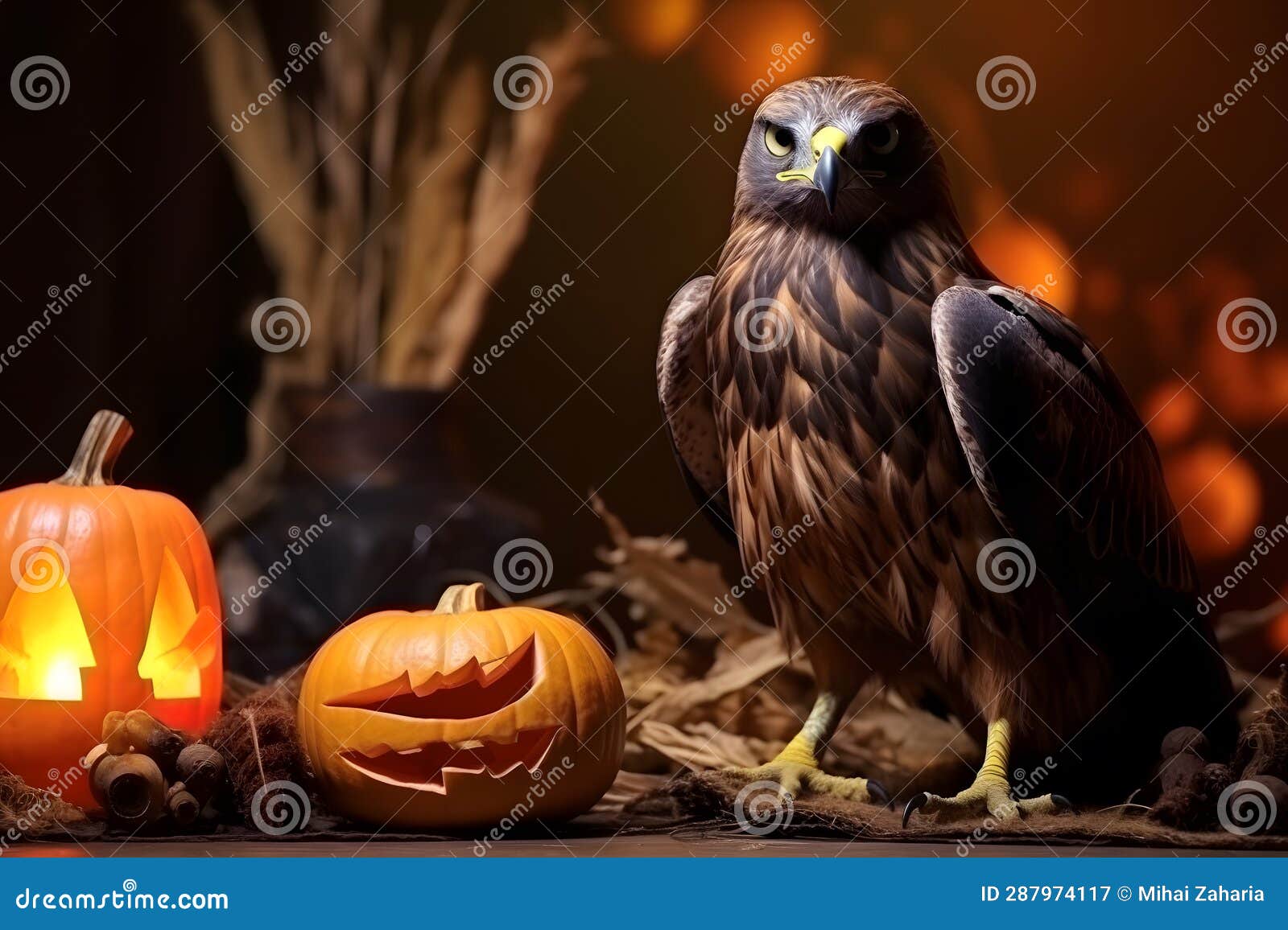 Spooky Portrait of a Hawk in a Halloween Setup in Studio, Dramatic ...