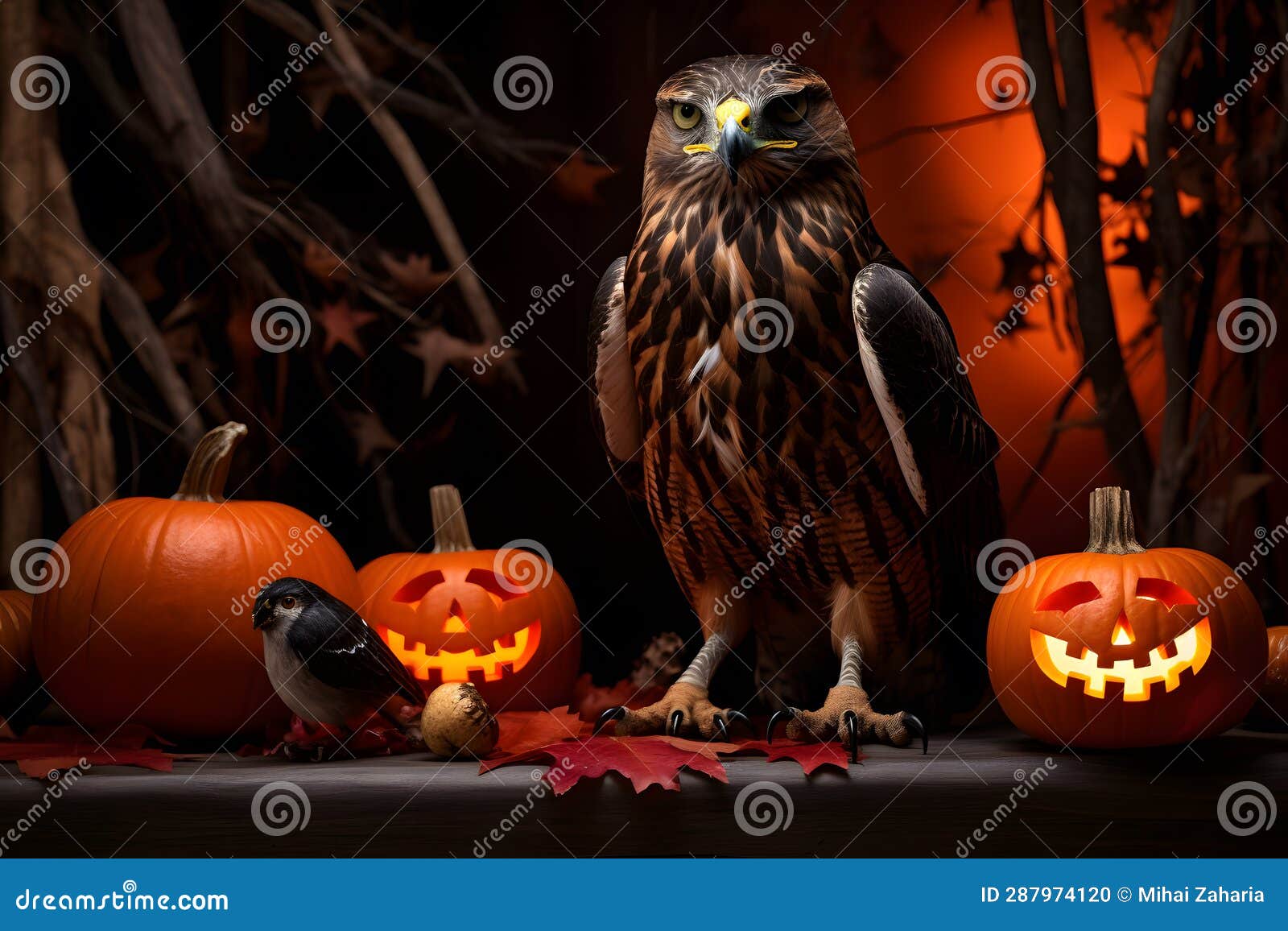 Spooky Portrait of a Hawk in a Halloween Setup in Studio, Dramatic ...
