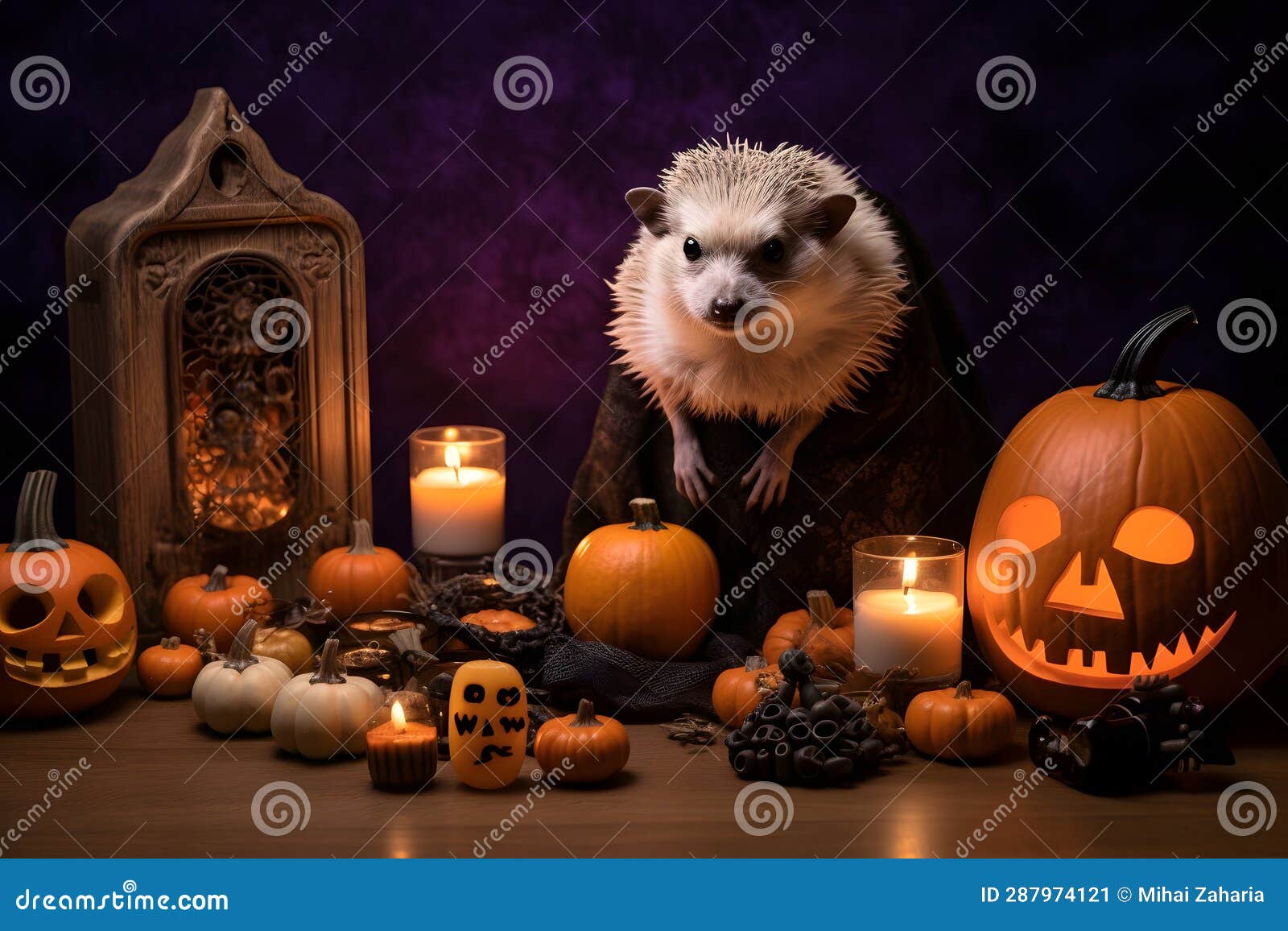 Spooky Portrait of a Hedgehog in a Halloween Setup in Studio, Dramatic ...