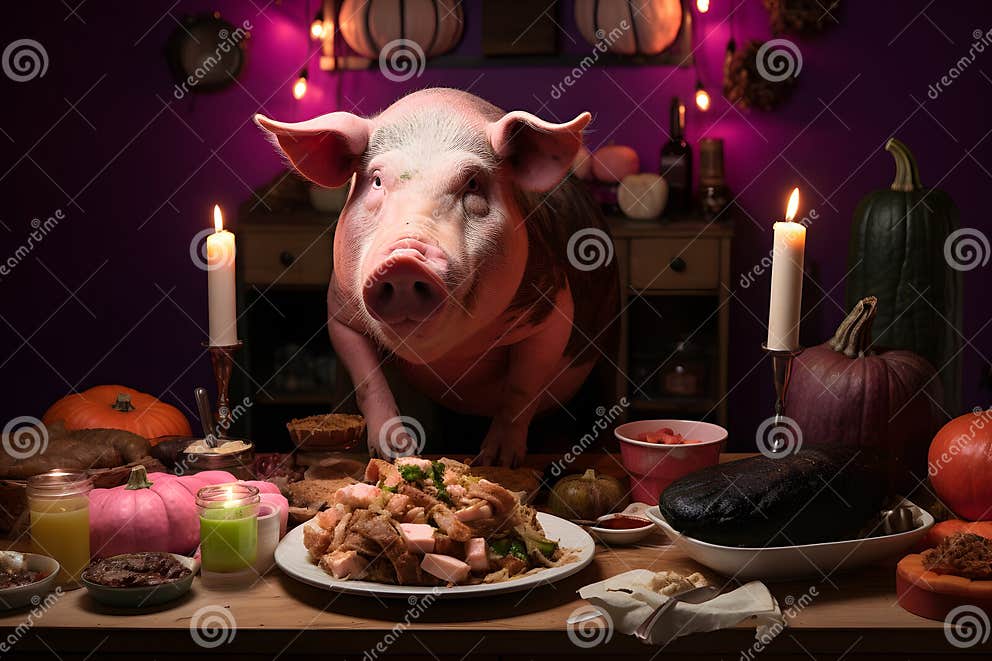 Spooky Portrait of a Pig in a Halloween Setup in Studio, Dramatic ...